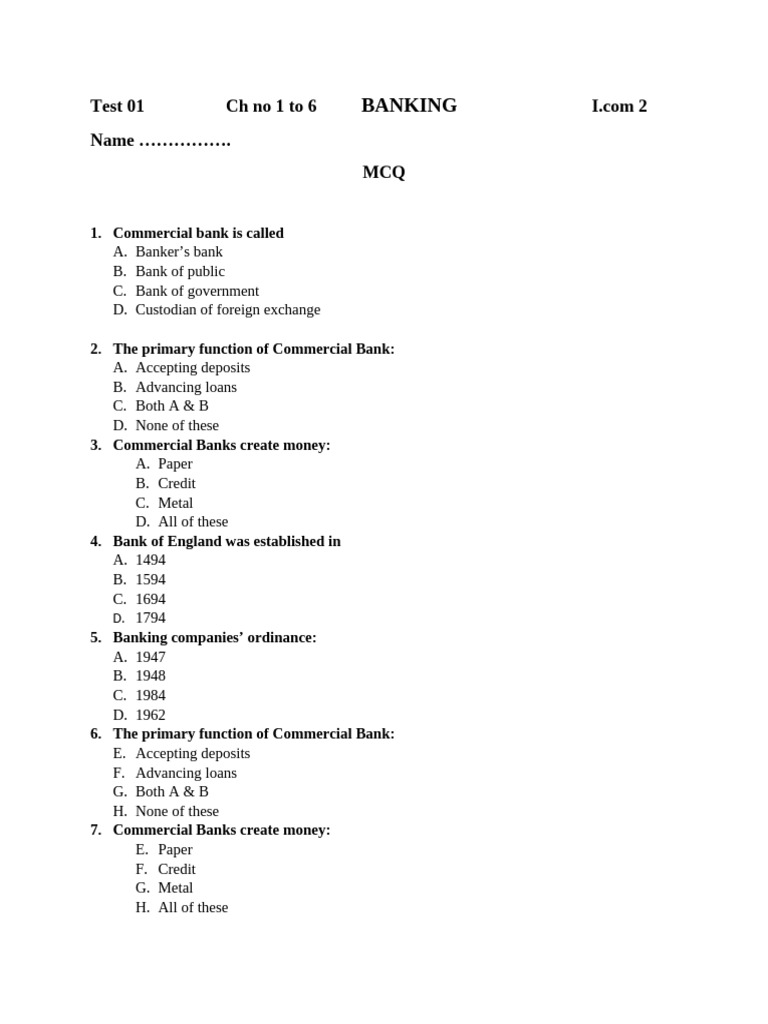 Bank Exam MCQs and Short Answers | PDF