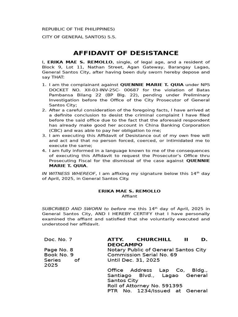 Form 4.) Affidavit of Desistance | PDF