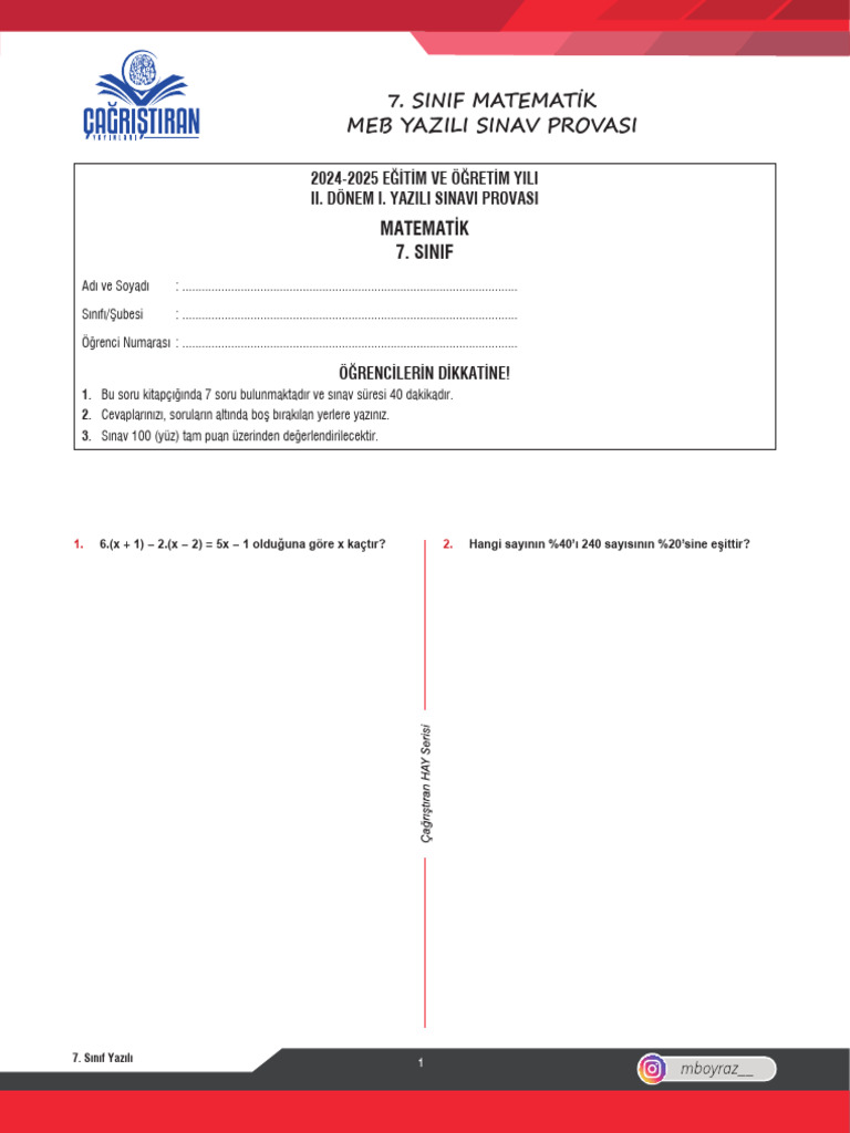 Sinif Yazili Sinav Provasi | PDF