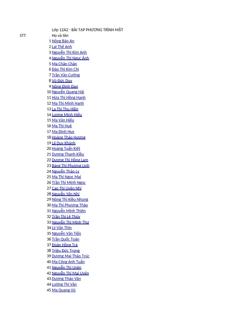 Lớp 12A2 - Bài Tập Phương Trình Mặt STT Họ và tên 1 2 3 4 5 6 7 8 9 10 11 12 13 14 15 16 17 18 ...