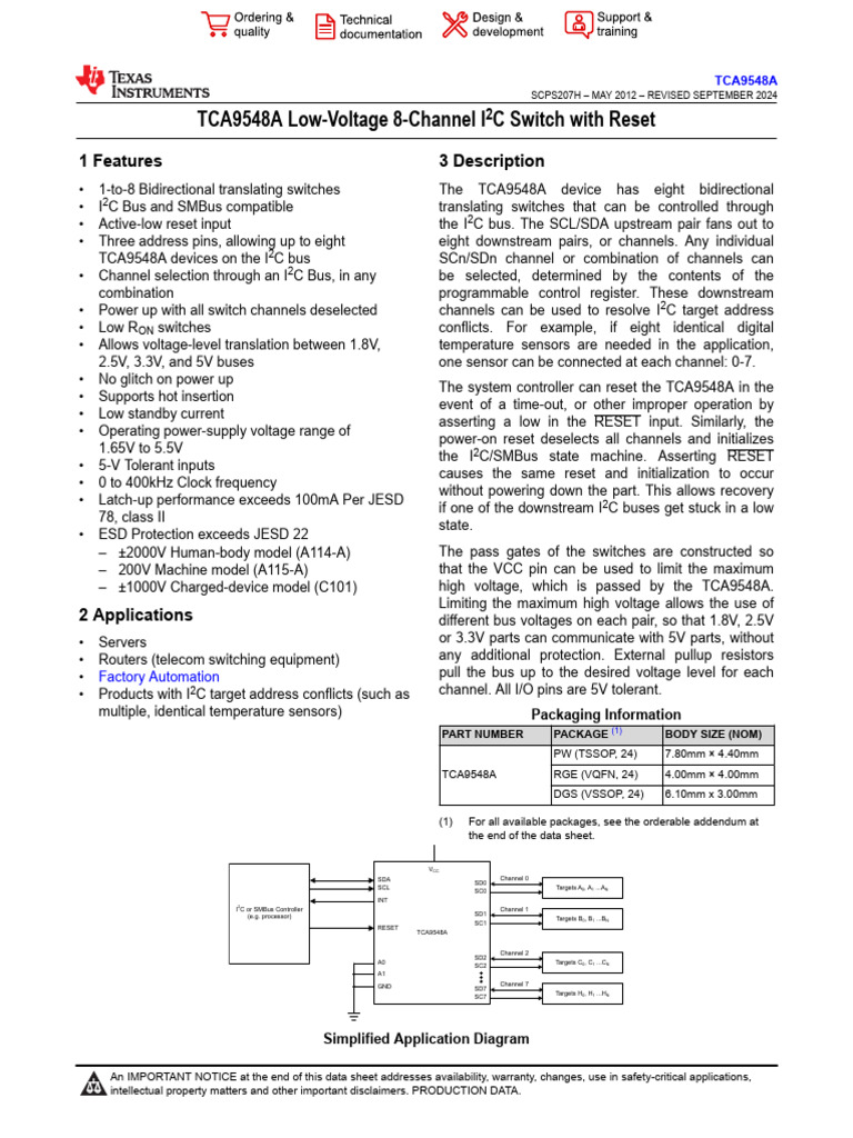 Tca9548a TCA9548A Low-Voltage 8-Channel I2C Switch With Reset | PDF ...