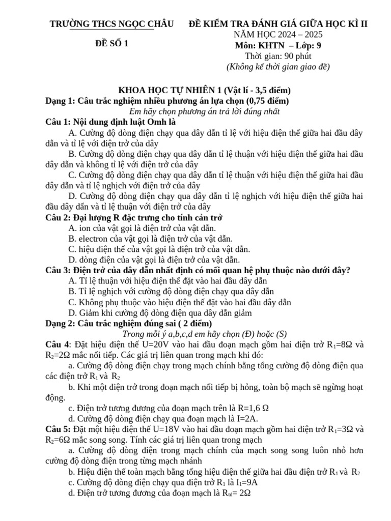 ĐỀ KT GIỮA KÌ 2 MÔN KHTN9 NĂM 2425 | PDF