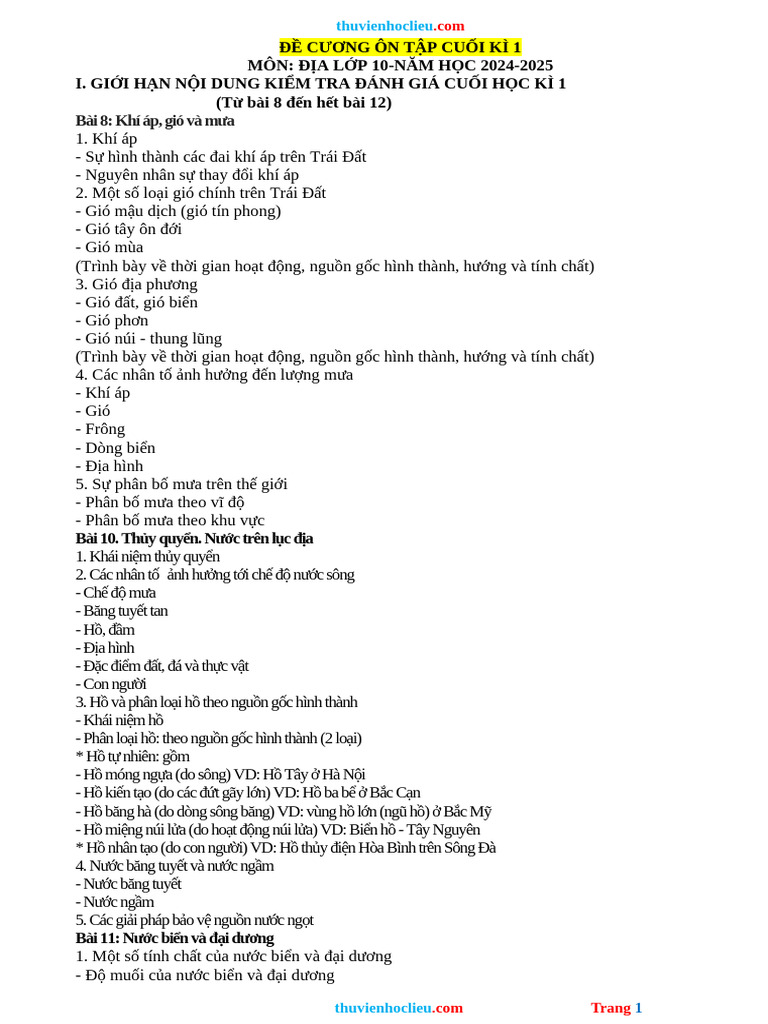 De Cuong On Tap Cuoi HK1 Dia 10 KNTT 24 25 | PDF