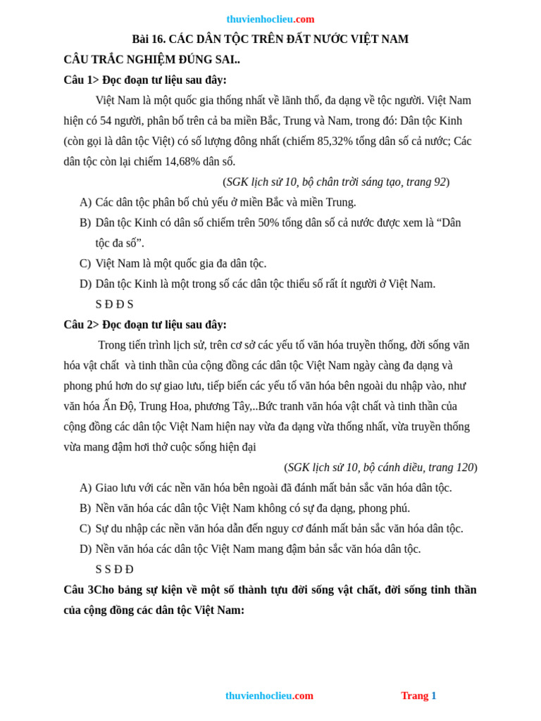 Trac Nghiem Dung Sai Bai 16. CAC DAN TOC TREN DAT NUOC VIET NAM | PDF