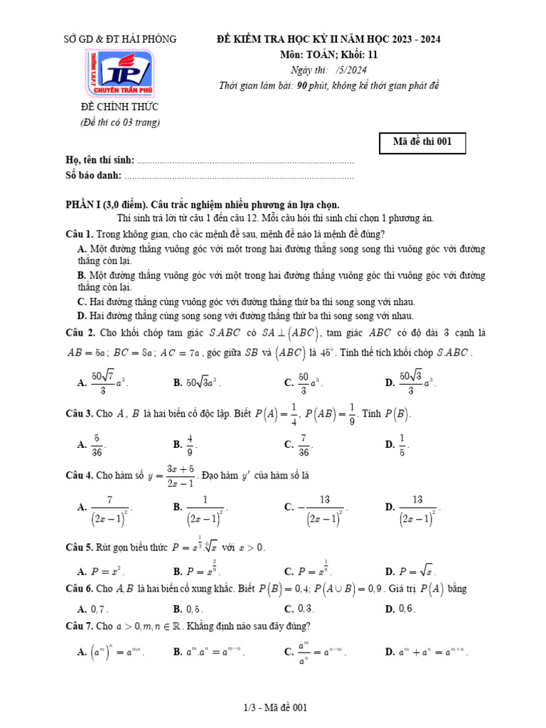 De Cuoi Hoc Ky 2 Toan 11 Nam 2023 2024 Truong Chuyen Tran Phu Hai Phong | PDF