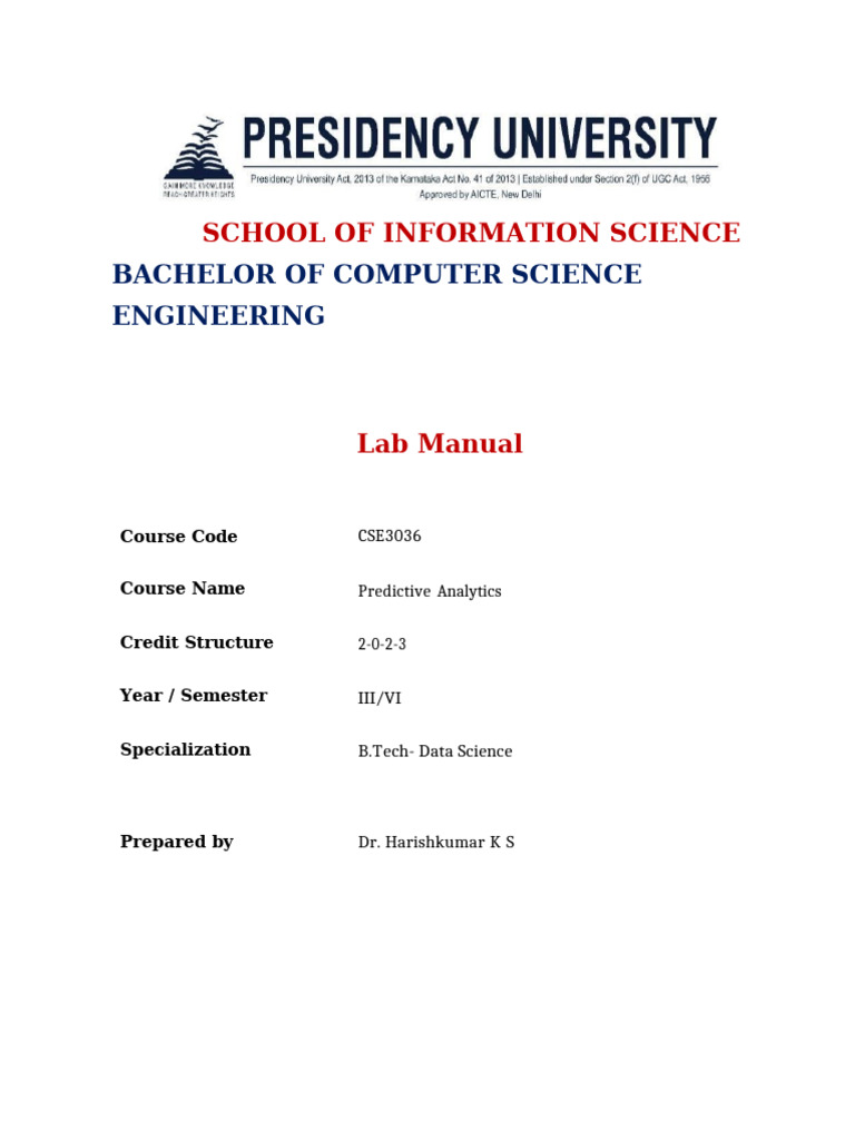 Cse3036 Predictive Analytics Final Lab Manual | PDF | Engineering ...