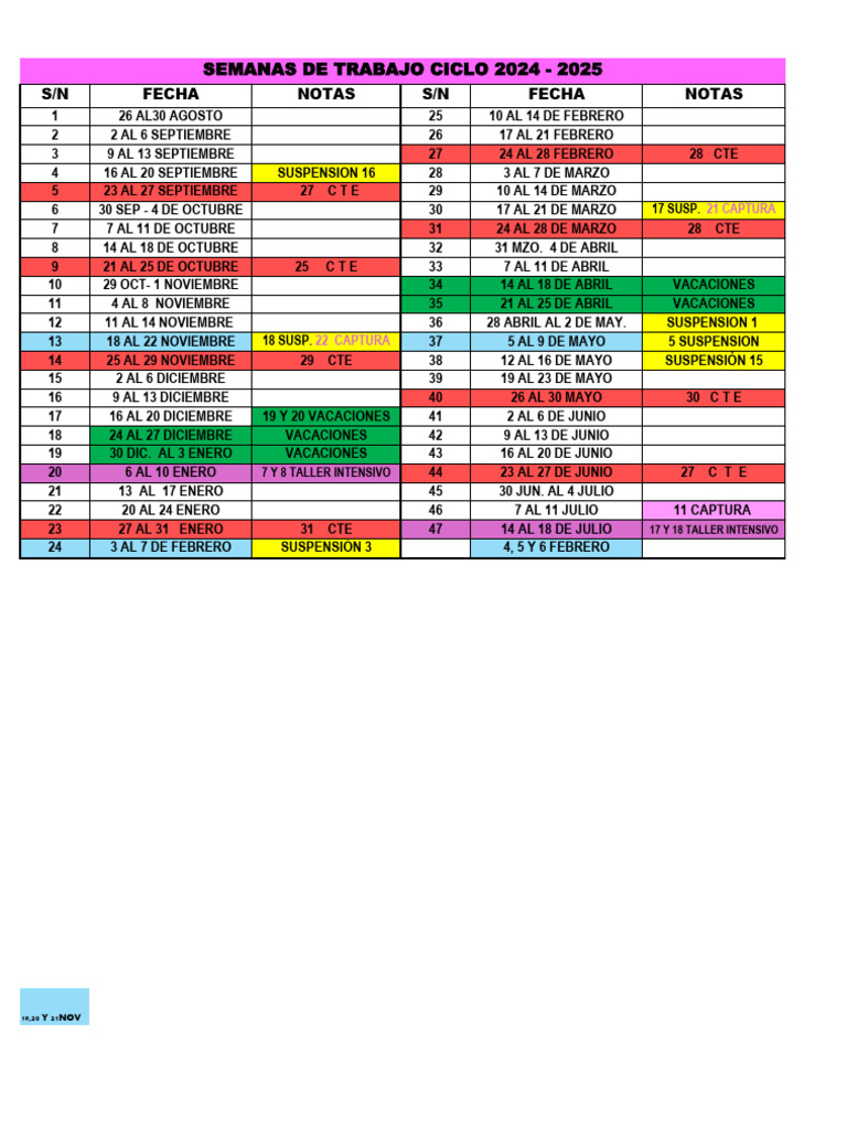 Calendario Semanas de Trabajo 2024-2025 | PDF