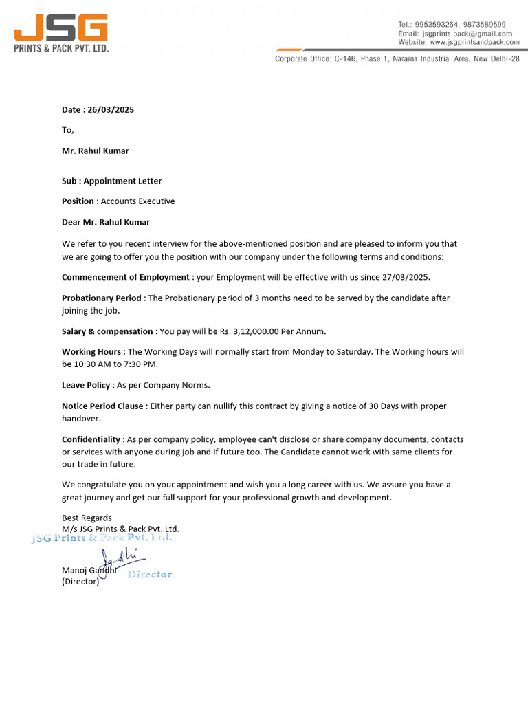 Appointment Letter for Accounts Executive | PDF