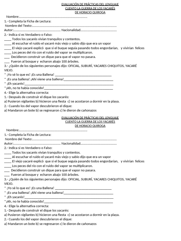 Evaluación del Cuento "La Guerra de los Yacarés" | PDF