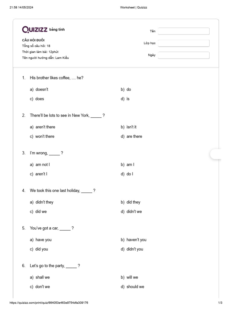 Quizizz Worksheet: Question Tags | PDF