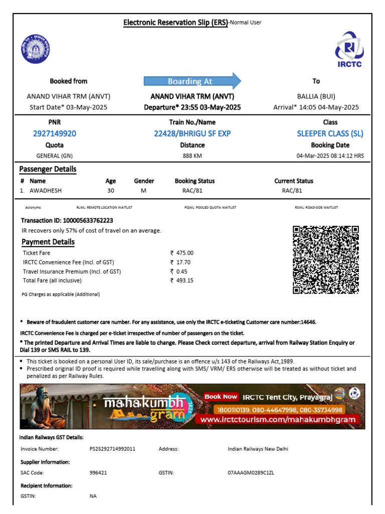 Electronic Reservation Slip for Train Travel | PDF | Identity Document ...
