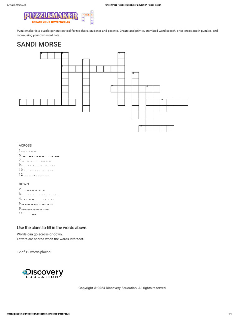 Criss Cross Puzzle - Discovery Education Puzzlemaker | PDF