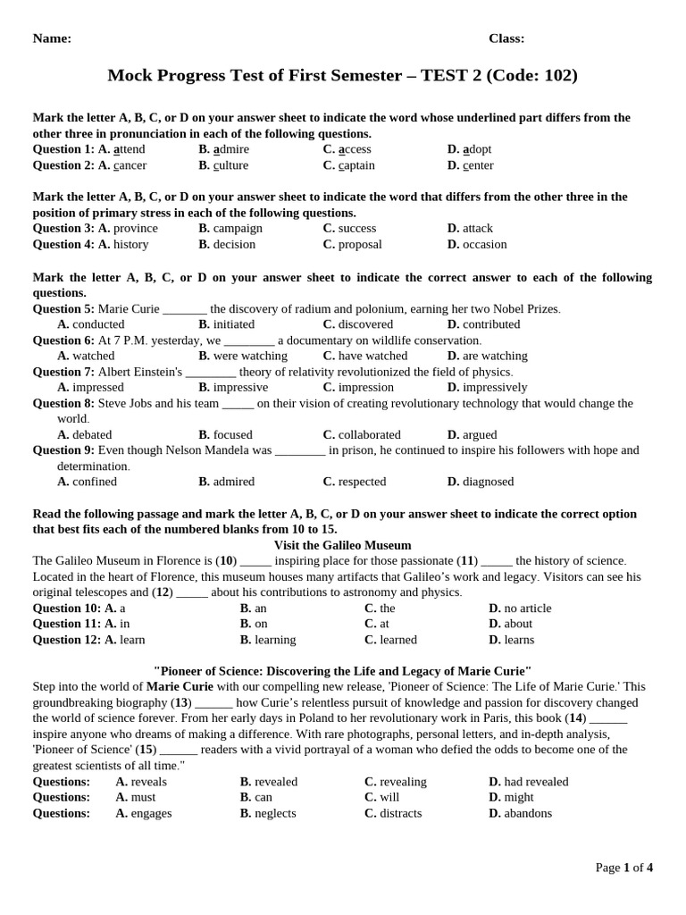 Grade 12 - Mock Progress Test 2 (KTCL HK1 de 2) | PDF | Nelson Mandela ...