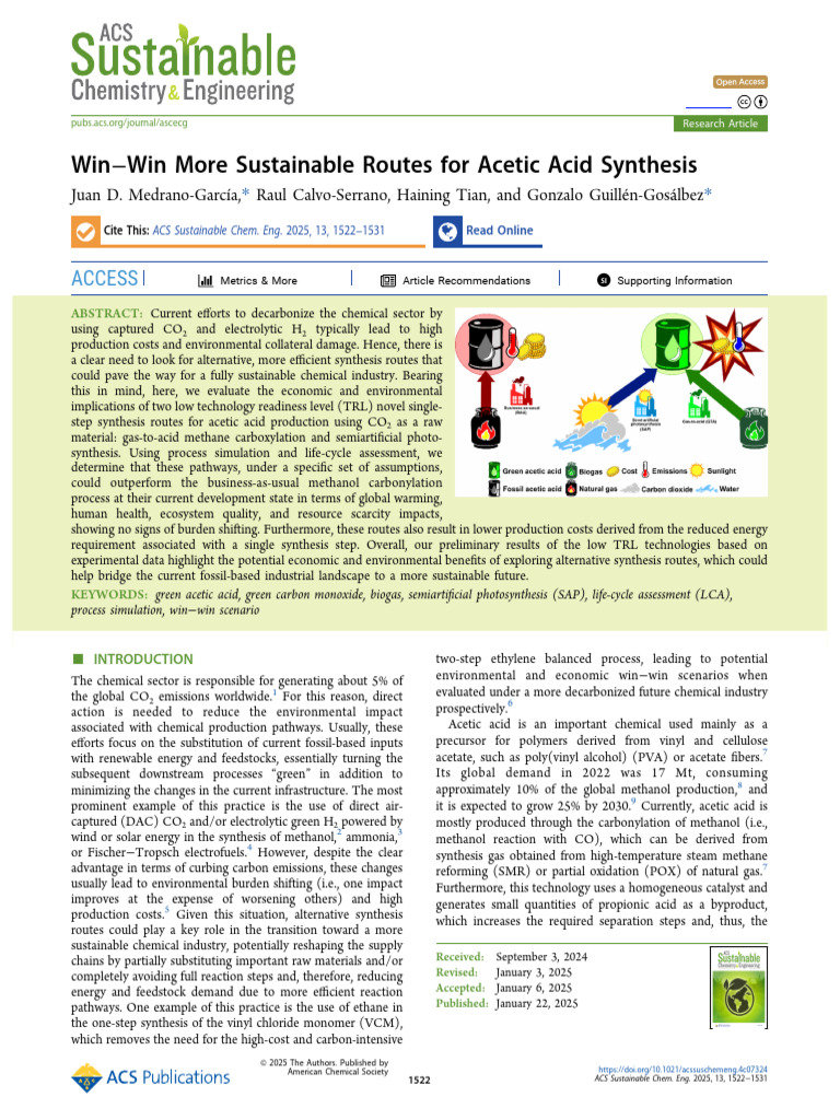 Sustainable Acetic Acid Synthesis Routes | PDF | Methane | Life Cycle ...