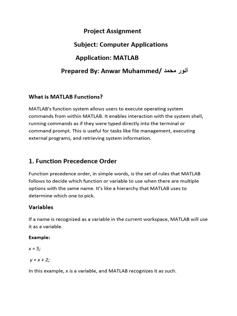 Project Assignment Subject: Computer Applications Application: MATLAB Prepared By: Anwar ...