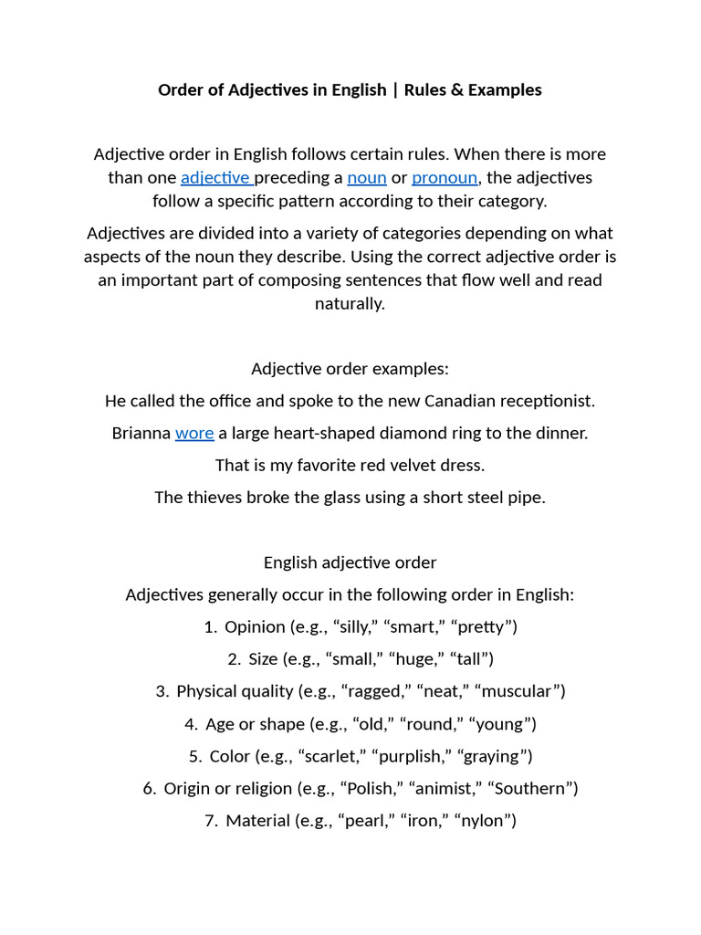 Basic Adjective Order in Sentences (Explanation) | PDF | Adjective | Noun