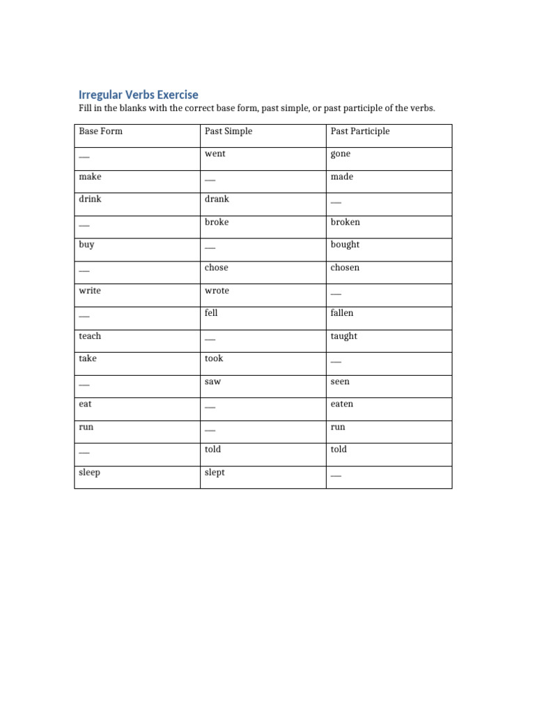 6.2 - Present - Irregular Verbs Exercise - Table | PDF