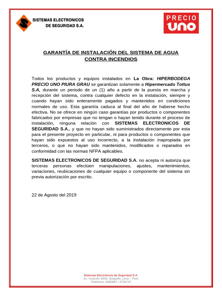 CARTA DE GARANTIA ACI | PDF