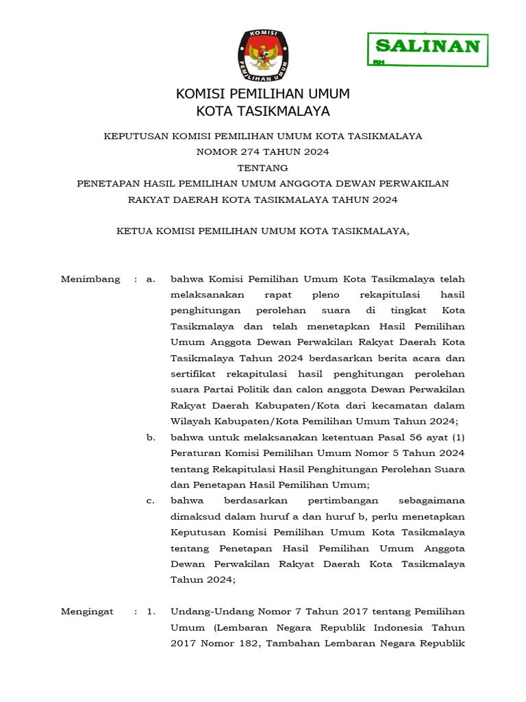 Hasil Pemilu DPRD Kota Tasikmalaya 2024 | PDF