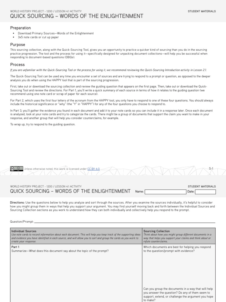 WHP-1200 414 Activity Quick Sourcing Words of The Enlightenment Student ...