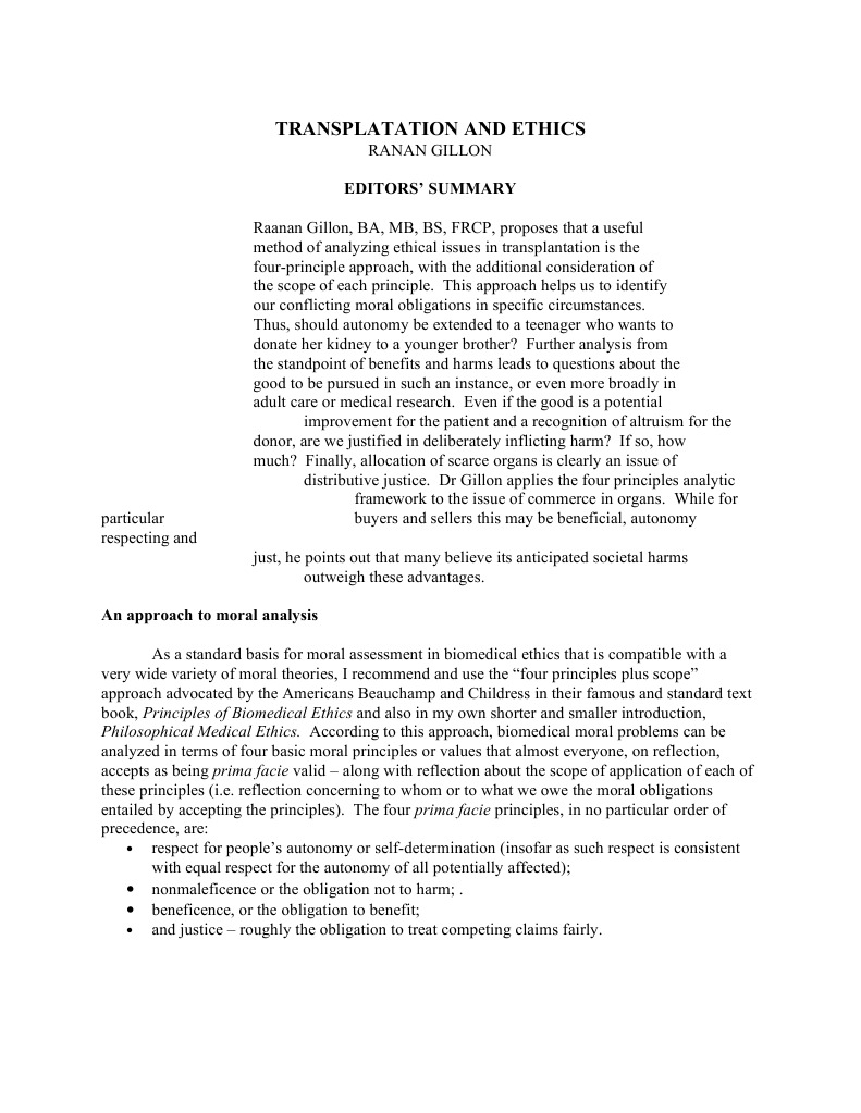 Transplatation and Ethics: Editors' Summary | PDF | Organ Donation ...
