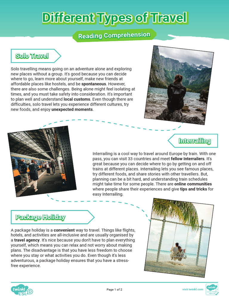 T 1701348218 Esl Different Types of Travel Reading Comprehension Adults ...