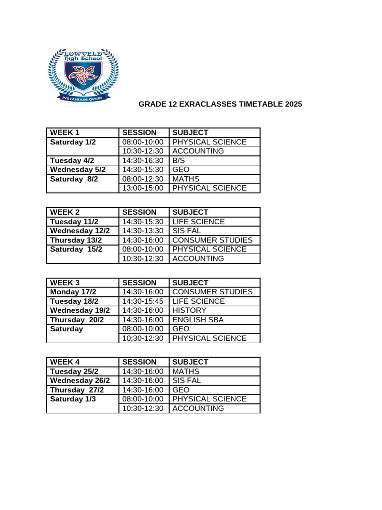 Grade 12 Extra Classes Timetable 2025 | PDF