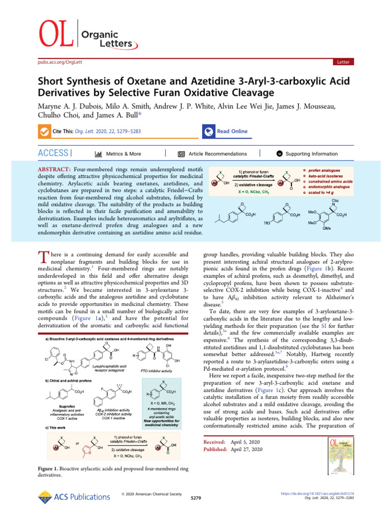 Dubois Et Al 2020 Short Synthesis of Oxetane and Azetidine 3 Aryl 3 ...