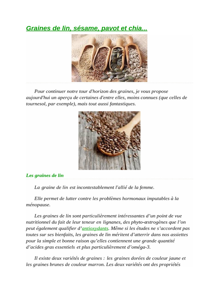 Bienfaits des graines : lin, sésame, chia | PDF | Lin cultivé | Sésame