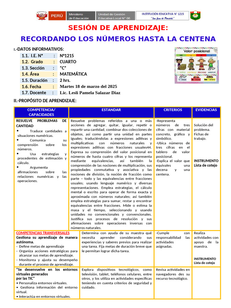 D5 A1 SES. MAT. RECORDANDO LOS NÚMEROS HASTA LA CENTENA_actual | PDF | Aprendizaje | Enseñando