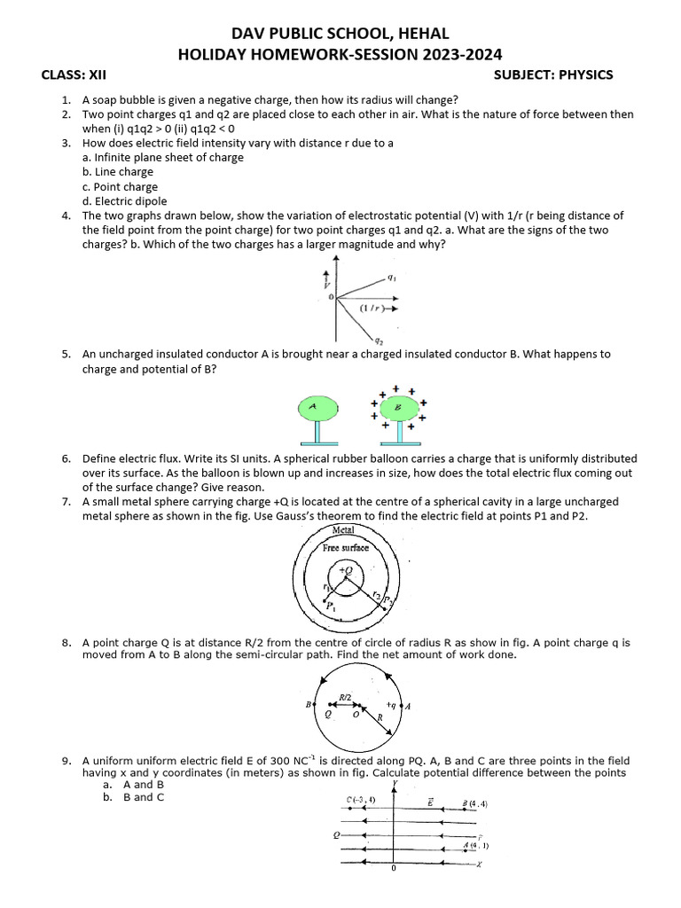 Class XII Physics Holiday Homework 2023-24 | PDF
