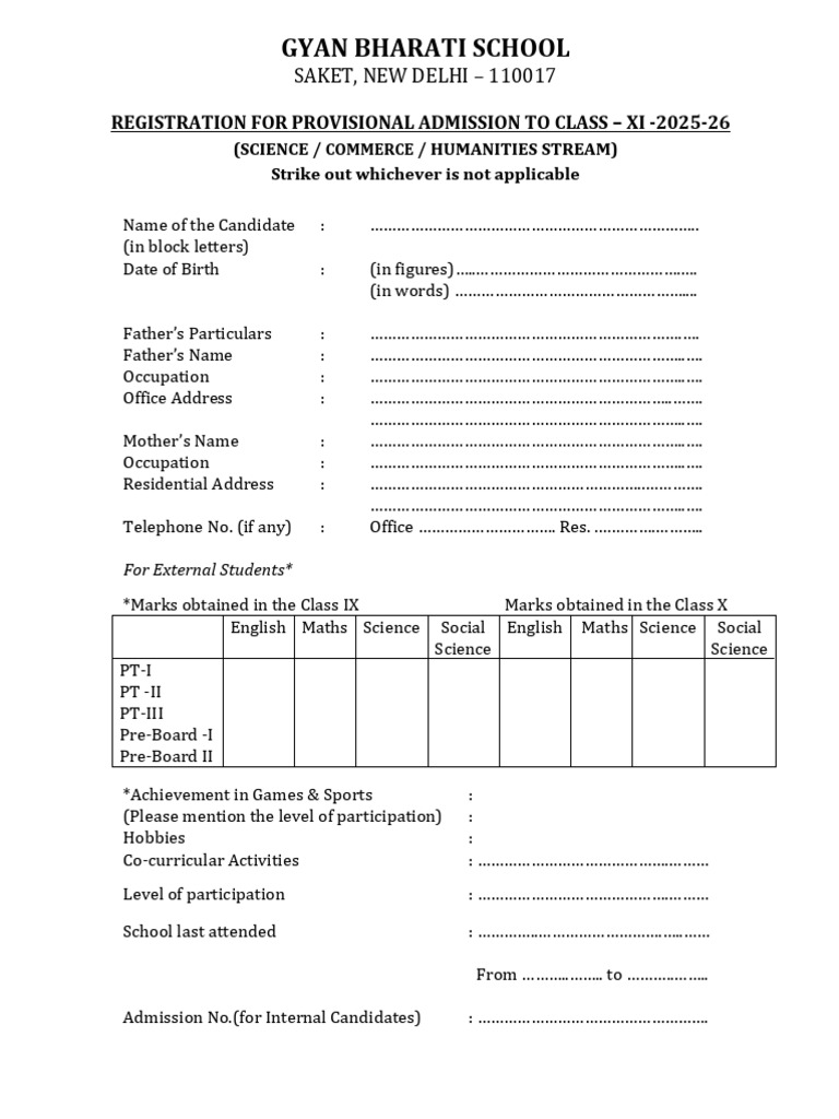 Class 11 Registration Form 2025-26 | PDF | Science