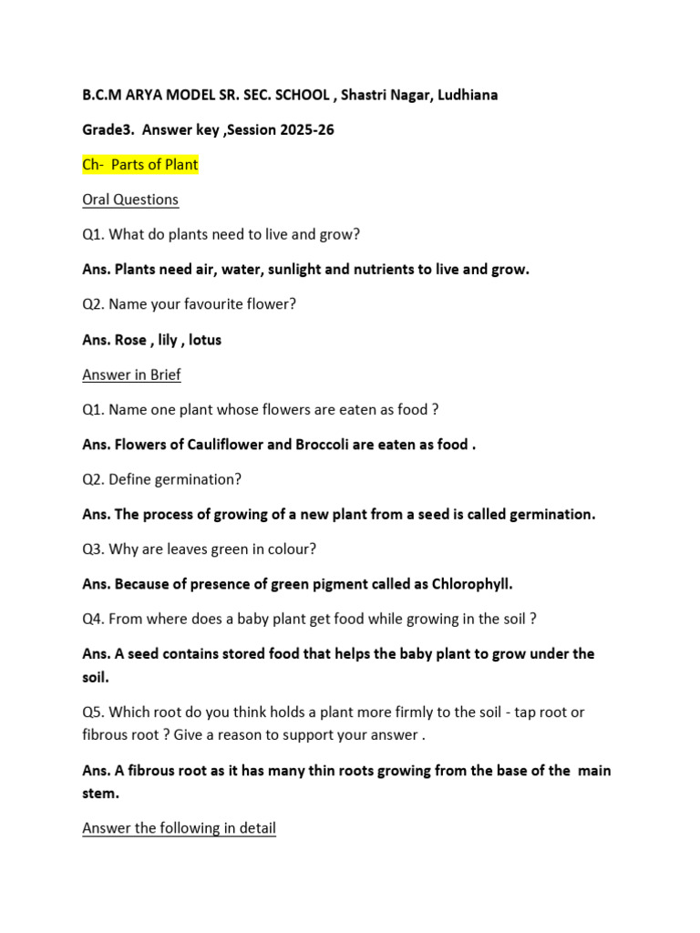 Grade 3 Plant Parts Answer Key | PDF