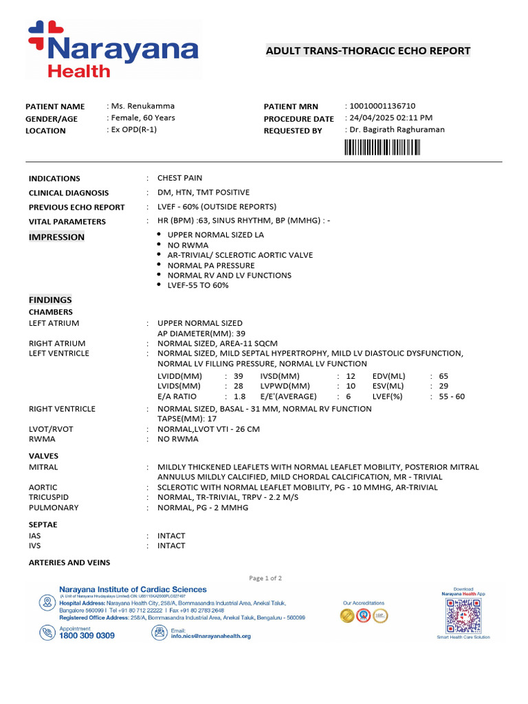 Adult Echo Report for Ms. Renukamma | PDF | Ventricle (Heart) | Heart Valve