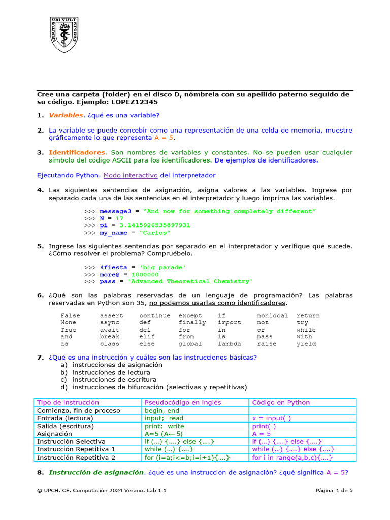 Lab1 1 | PDF | Python (lenguaje de programación) | Variable (informática)