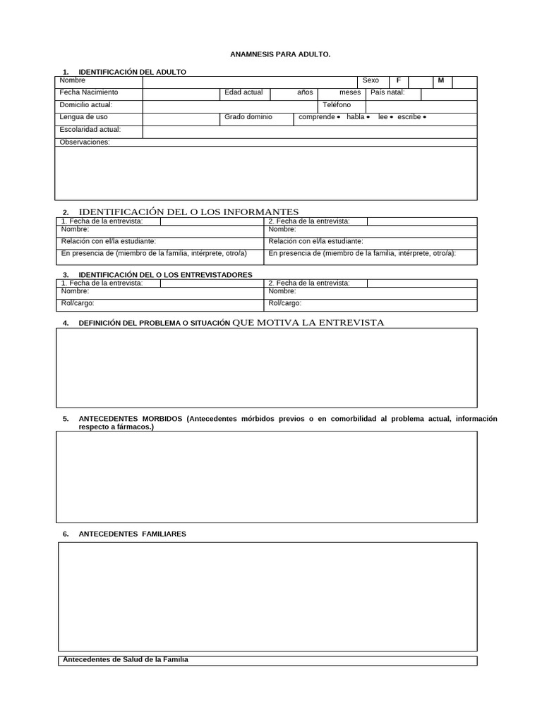 Anamnesis para Adultos: Formato y Guía | PDF