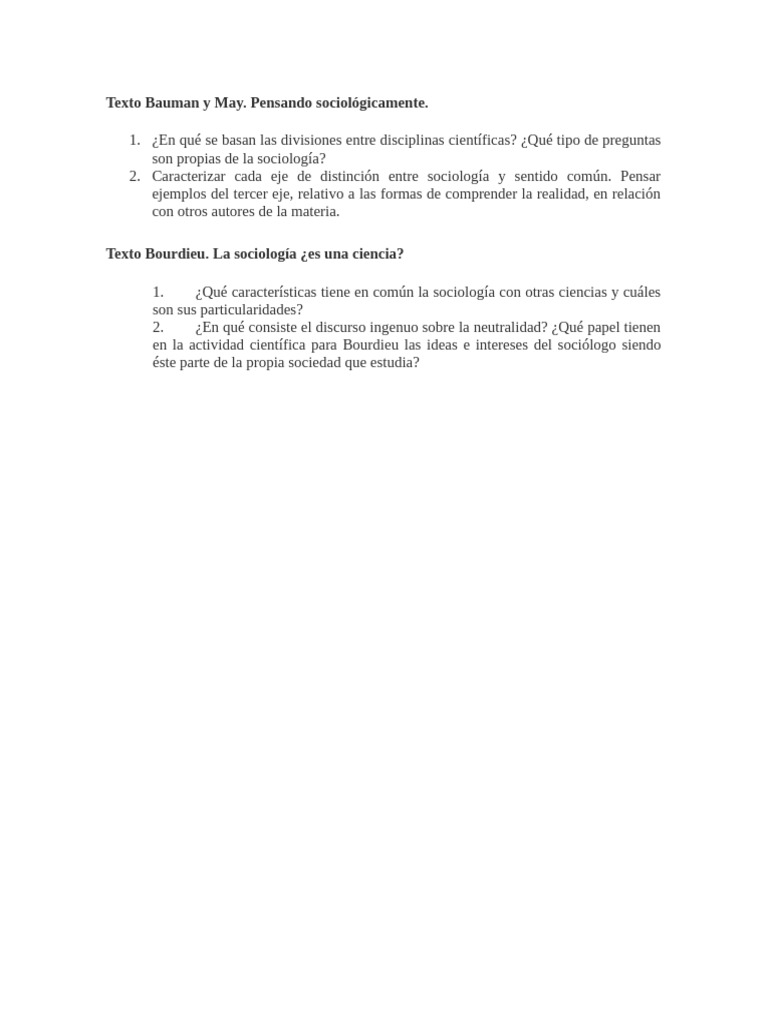 Guías de Preguntas de Los Textos de Bauman y de Bourdieu. | PDF