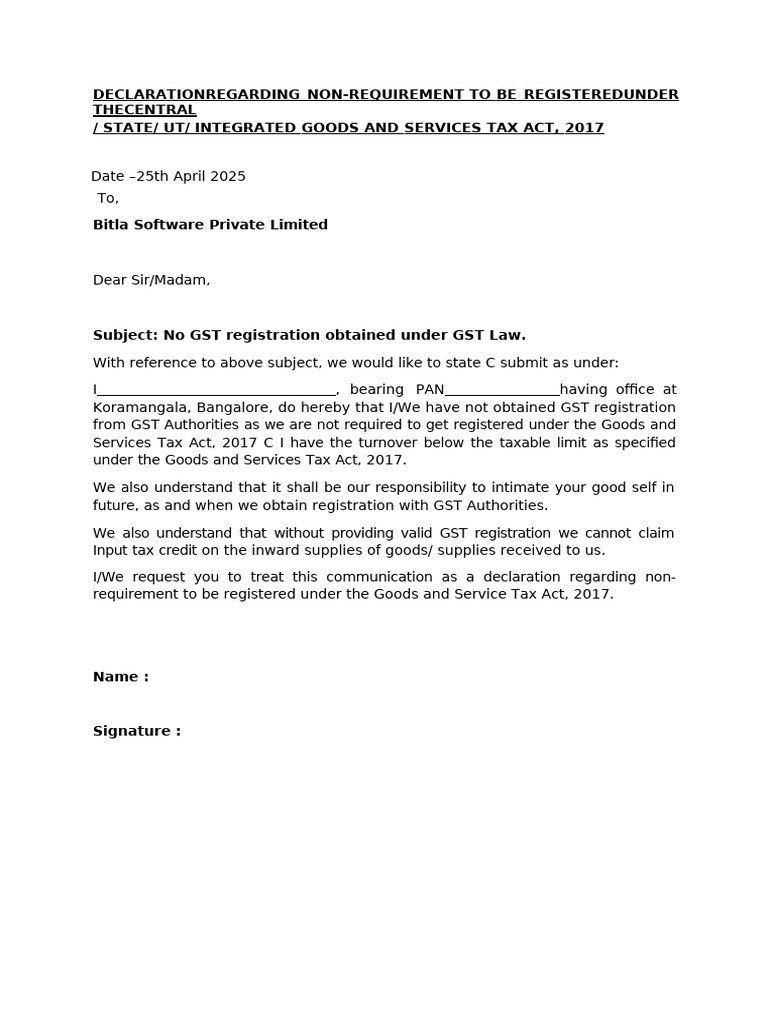 GST Non-Registration Declaration Form | PDF