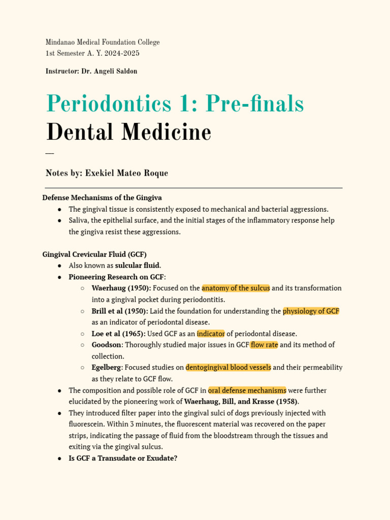 Perio 1 Class Notes Prefinals | PDF | Periodontology | Medical Specialties