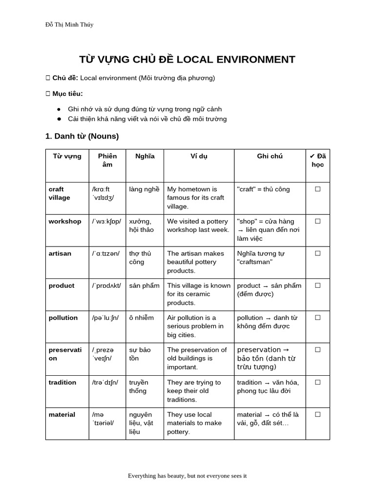 Buổi 1 - TỪ VỰNG CHỦ ĐỀ - LOCAL ENVIRONMENT - | PDF