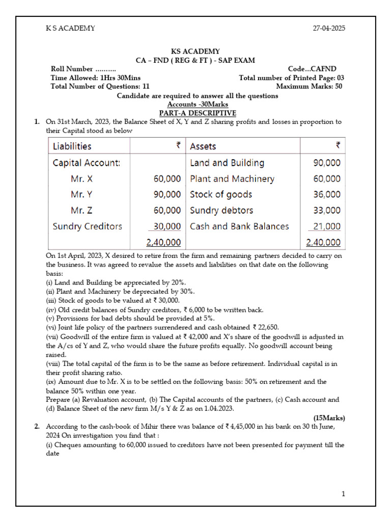 Ca FND M'25 - (Reg& FT) (Acc& Law) - (27-4-2025) - QP | PDF | Banks | Goodwill (Accounting)