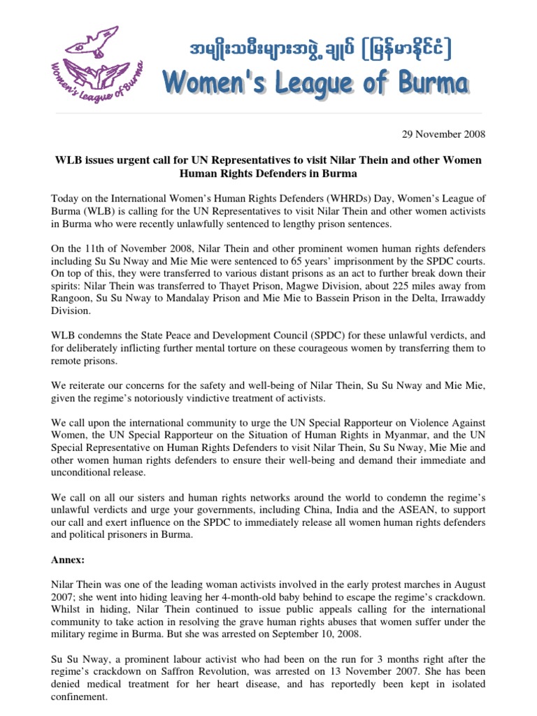 WLB Issues Urgent Call For UN Representatives To Visit Nilar Thein and ...