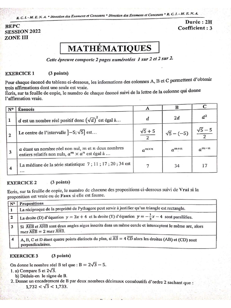 RCI BEPC 2022 Maths Zone3 | PDF