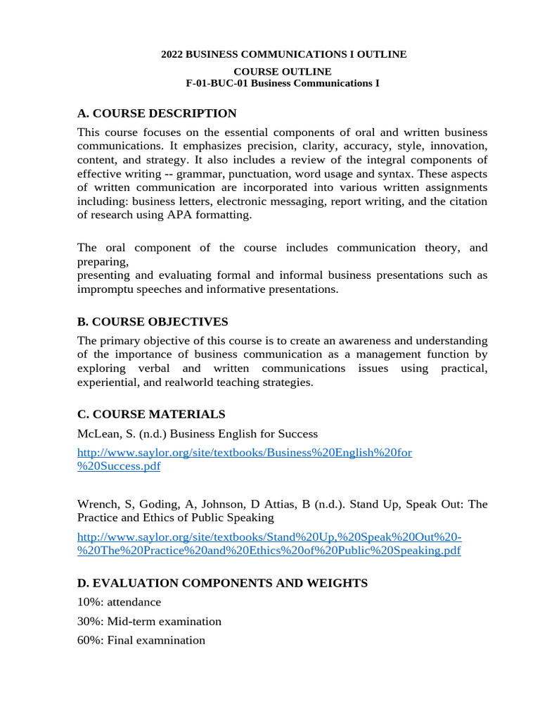 Business Communications I Course Outline | PDF | Communication | Plagiarism