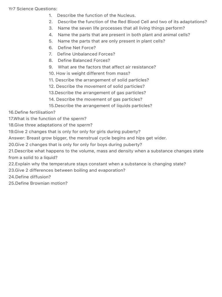 Yr7 Science Questions | PDF
