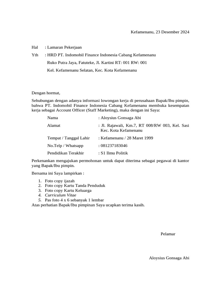 Surat Lamaran IMFI Kefa | PDF