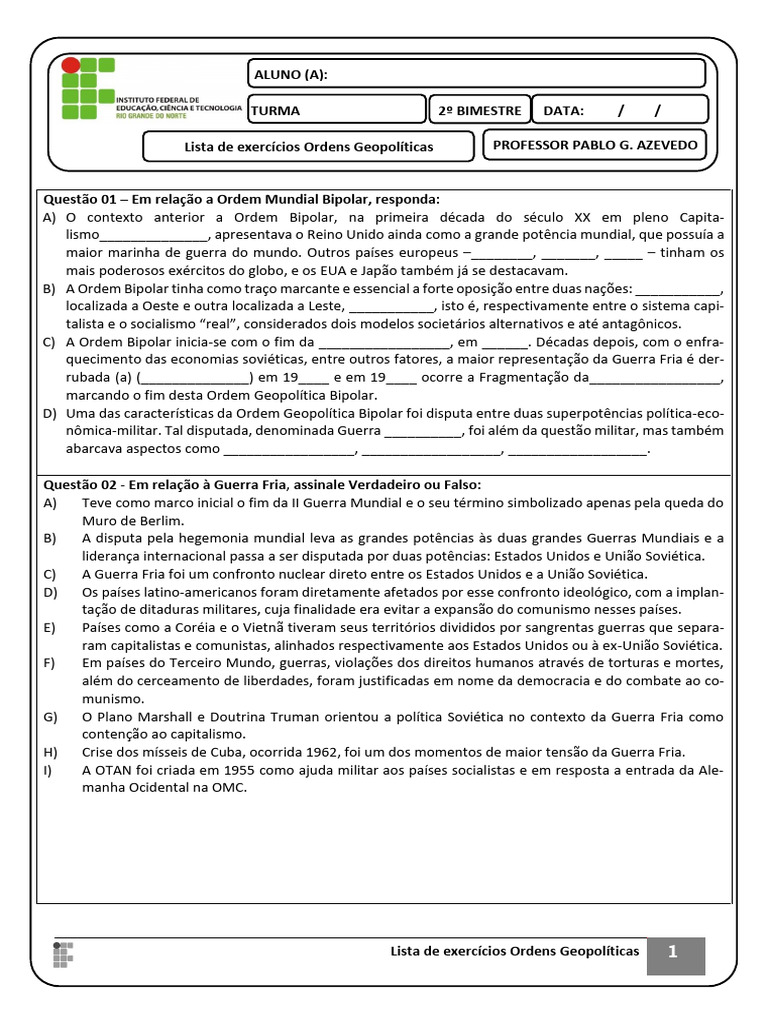 Lista de Exercícios Ordem Bipolar A Nova Ordem Mundial | PDF | União ...