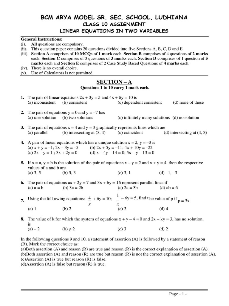 Class 10 Linear Eqn in Two Variables | PDF