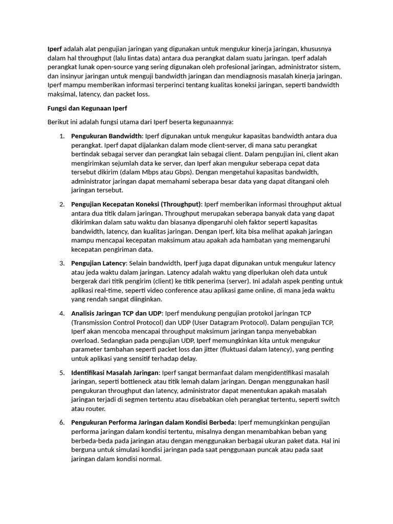 Iperf Adalah Alat Pengujian Jaringan Yang Digunakan Untuk Mengukur Kinerja Jaringan | PDF
