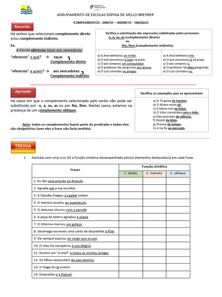 Ficha Inf. e Formativa-Complemento Direto-Indireto-Oblíquo | PDF